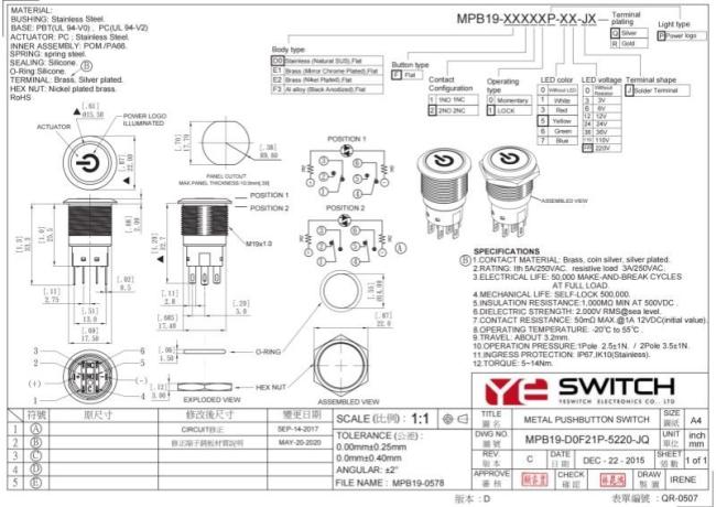 Yeswitch 19mm Momentary Lock Metal Push Button Switch