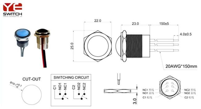 16mm Maintained IP68 Waterproof Switch Metal Waterproof Push Button