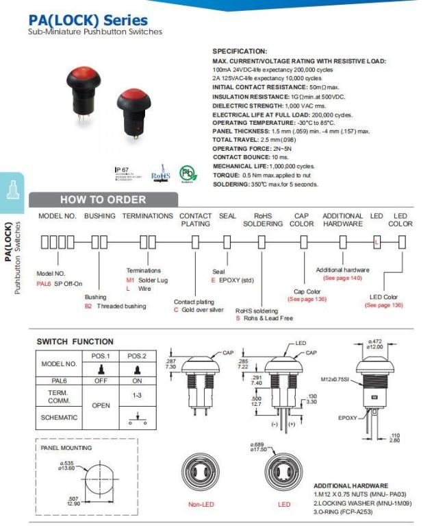 Waterproof Long Life Push Button Switch with Without Light
