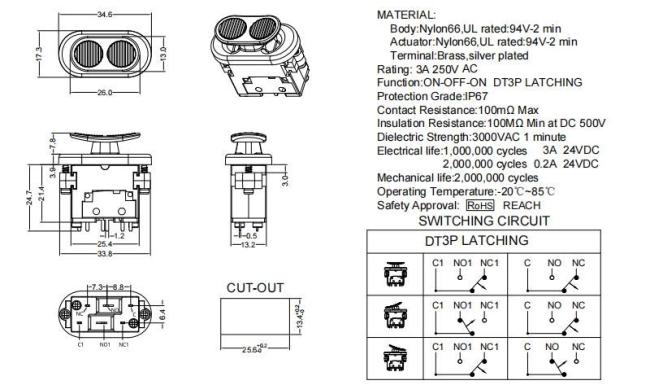 Yeswitch 3A 250VAC IP67 Momentary Locking Rocker Switch