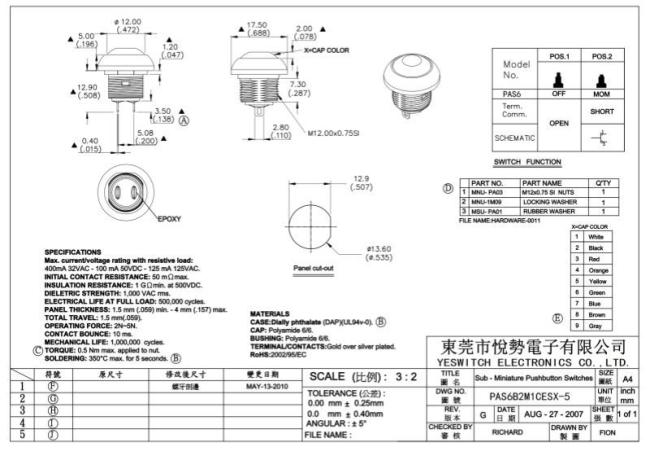 Threaded Bushing 12 mm Momentary Sealed Pushbutton Switches