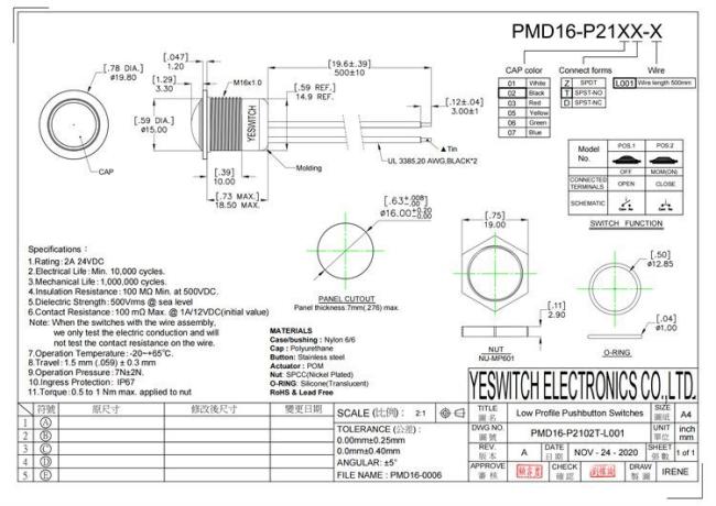 Yeswitch 16mm Momentary Anti-Vandal Push Button Switch with Wire