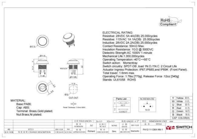 Yeswitch 12mm IP67 Dome Momentary Push Button Switch