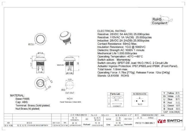 Yeswitch 12mm Waterproof Momentary Dome Push Button Switch