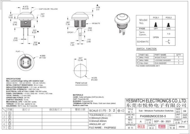 Yeswitch 12mm IP67 Automotive Push Button Switch with Yellow Cap