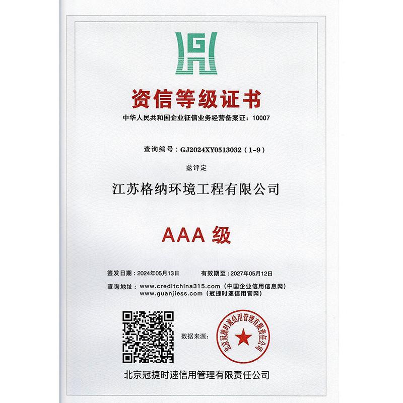 Credit Rating Certificate - Jiangsu Gena Environmental Engineering Co., Ltd