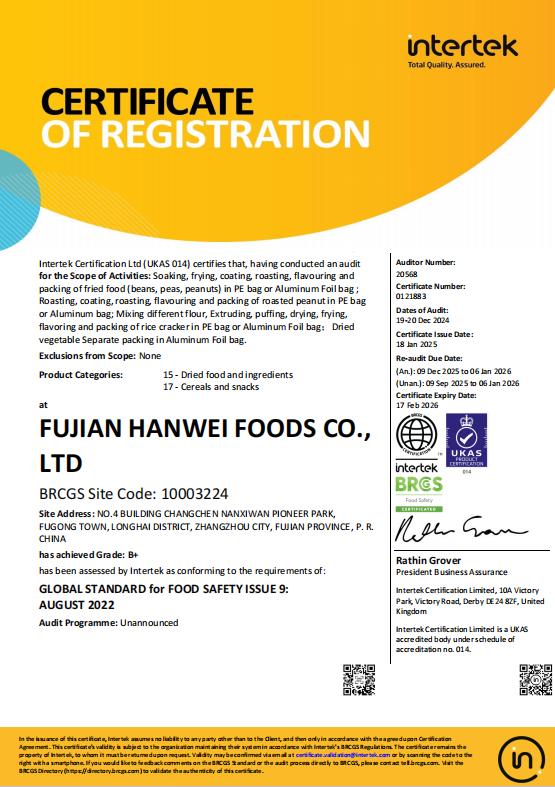 Industry Certificates - Fujian Hanwei Foods Co., Ltd.