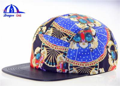 China Customized Fashion 5 Panel Camp Snapback Caps With PU Visor And Allover Print for sale