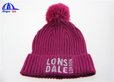 China Red Pom Pom Top Ball Knitted Beanie Hats / Embroidered Knit Hat With Embroidery Logo for sale