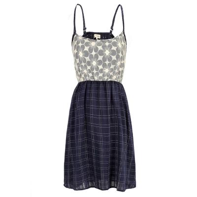 China 100% jaquared cotton navy trapeze casual summer dress with white flower cotton lace fo for sale