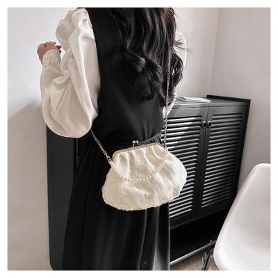 China 2024 NEW RETRO FAIRY SOLID COLOR SMALL BAG WHITE HAND PEARL BAG WOMEN'S NET YARN INS SIMPLE CROSSBODY BAG for sale