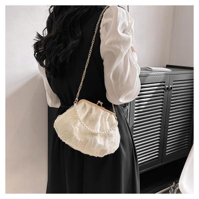 China 2024 NEW RETRO FAIRY SOLID COLOR SMALL BAG WHITE HAND PEARL BAG WOMEN'S NET YARN INS SIMPLE CROSSBODY BAG for sale