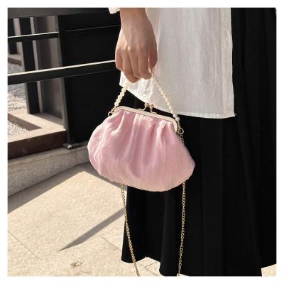 China 2024 NEW RETRO FAIRY SOLID COLOR SMALL BAG WHITE HAND PEARL BAG WOMEN'S NET YARN INS SIMPLE CROSSBODY BAG for sale