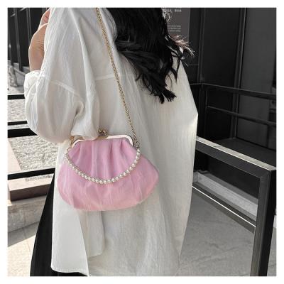 China 2024 NEW RETRO FAIRY SOLID COLOR SMALL BAG WHITE HAND PEARL BAG WOMEN'S NET YARN INS SIMPLE CROSSBODY BAG for sale