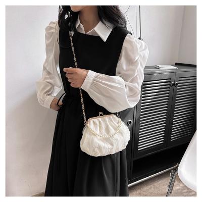 China 2024 NEW RETRO FAIRY SOLID COLOR SMALL BAG WHITE HAND PEARL BAG WOMEN'S NET YARN INS SIMPLE CROSSBODY BAG for sale