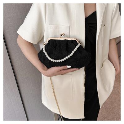 China 2024 NEW RETRO FAIRY SOLID COLOR SMALL BAG WHITE HAND PEARL BAG WOMEN'S NET YARN INS SIMPLE CROSSBODY BAG for sale