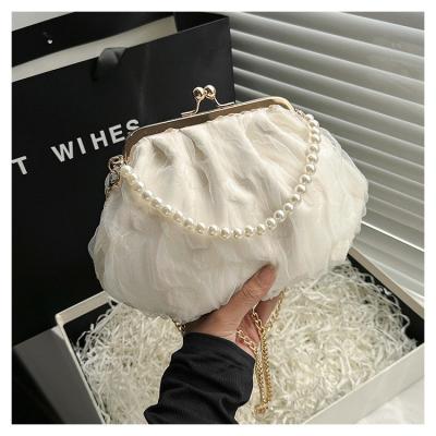 China 2024 NEW RETRO FAIRY SOLID COLOR SMALL BAG WHITE HAND PEARL BAG WOMEN'S NET YARN INS SIMPLE CROSSBODY BAG for sale