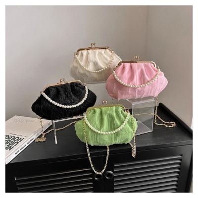 China 2024 NEW RETRO FAIRY SOLID COLOR SMALL BAG WHITE HAND PEARL BAG WOMEN'S NET YARN INS SIMPLE CROSSBODY BAG for sale