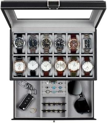 Cina GUKA Watch Box 12 Slot Watch Display Organizer Gioielli in pelle Cassa cassetto Vetro compleanno per uomini Donne, figli marito in vendita