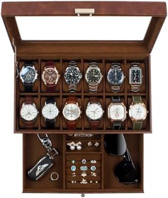 Cina GUKA Watch Box 12 Slot Watch Display Organizer Gioielli in pelle Cassa cassetto Vetro compleanno per uomini Donne, figli marito in vendita
