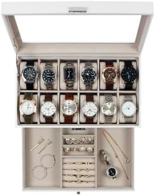 Cina GUKA Watch Box 12 Slot Watch Display Organizer Gioielli in pelle Cassa cassetto Vetro compleanno per uomini Donne, figli marito in vendita