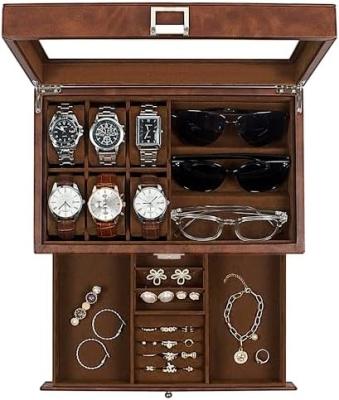 Cina GUKA Watch Box 12 Slot Watch Display Organizer Gioielli in pelle Cassa cassetto Vetro compleanno per uomini Donne, figli marito in vendita