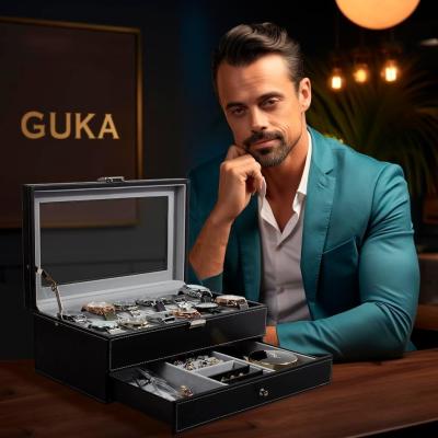Cina GUKA Watch Box 12 Slot Watch Display Organizer Gioielli in pelle Cassa cassetto Vetro compleanno per uomini Donne, figli marito in vendita