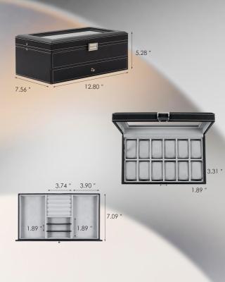 Cina GUKA Watch Box 12 Slot Watch Display Organizer Gioielli in pelle Cassa cassetto Vetro compleanno per uomini Donne, figli marito in vendita