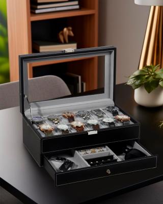 Cina GUKA Watch Box 12 Slot Watch Display Organizer Gioielli in pelle Cassa cassetto Vetro compleanno per uomini Donne, figli marito in vendita