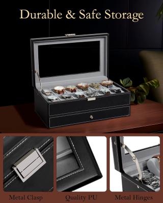 Cina GUKA Watch Box 12 Slot Watch Display Organizer Gioielli in pelle Cassa cassetto Vetro compleanno per uomini Donne, figli marito in vendita