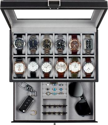 Cina GUKA Watch Box 12 Slot Watch Display Organizer Gioielli in pelle Cassa cassetto Vetro compleanno per uomini Donne, figli marito in vendita