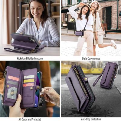 China iPhone 13 case, zipper wallet with 7 cards, leather magnetic flip-flop wristband for sale