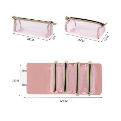 China Four In One Mesh Folding Makeup Wash Bag Travel Portable Makeup Brush Storage for sale