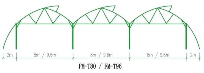 Multi-Span Greenhouse with single side fixed roof vents
