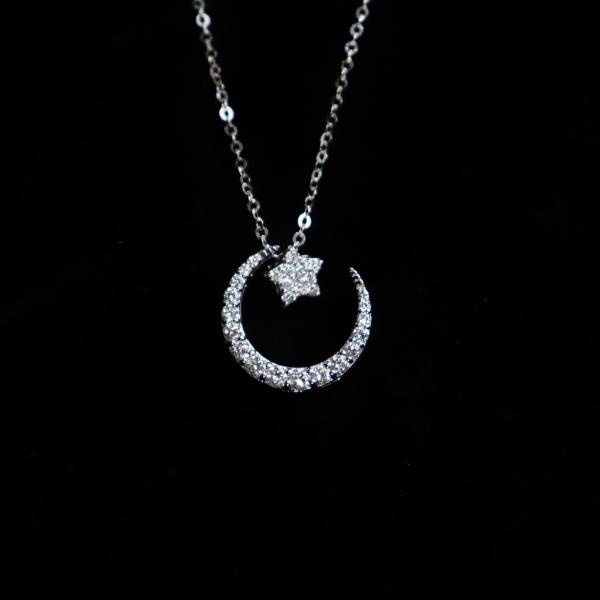 Quality Romantic 18K Gold Crescent Moon Star Lab-Grown Diamond Necklace Wholesale for for sale