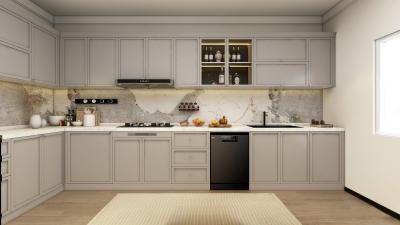China Custom Classic Wood Kitchen Cabinets L Shaped Kitchen Storage System Island Table for sale