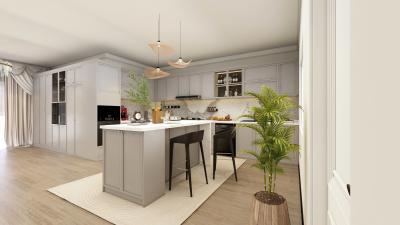 China Custom Classic Wood Kitchen Cabinets L Shaped Kitchen Storage System Island Table for sale