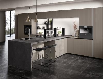 China Classic Modern Grey Kitchen Cabinets Customized Fitted Kitchen Cabinet With Bar Table for sale