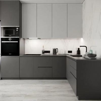 Cina Disegni in stile moderno a forma di L Armadi di cucina personalizzati Melamina unità in acciaio inossidabile Armadi di legno cucina con lavandino in vendita