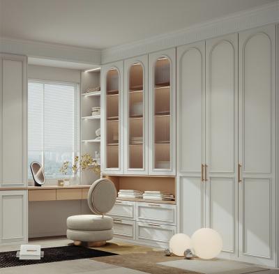 China Modern Luxury French  White Clothes Wardrobes With Dressing Table Custom Bedroom Wooden Wardrobes With Mirror for sale
