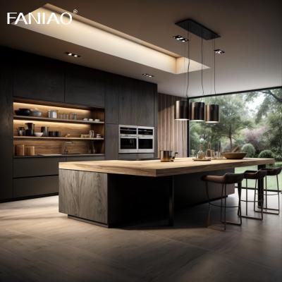 China Modern Black Gloss Melamine Kitchen Cabinets with Panel Hinge Faucet Drawer Basket Villa Kitchen Cabinets for sale