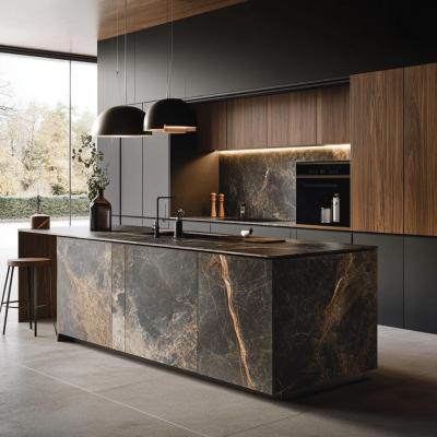 China Moderne Custom Modulaire Donkere Kleur Matt Lack Keukenkas Villa Custom Keuken Met Hangend Eiland Te koop