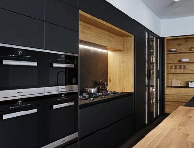 Cina Custom Luxury Wood Grain MDF Moisture-Resistant Cabinet di cucina senza cornice Dubai Progetto grattacielo Fornitore in serie Sink Apartment in vendita
