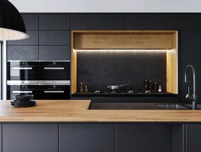 Cina Custom Luxury Wood Grain MDF Moisture-Resistant Cabinet di cucina senza cornice Dubai Progetto grattacielo Fornitore in serie Sink Apartment in vendita