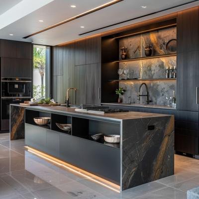 China Modern Minimalistic Stainless Carcase Kitchen Cupboard Island Unit Set Melamine Black Cabinets for Villa Apartments for sale