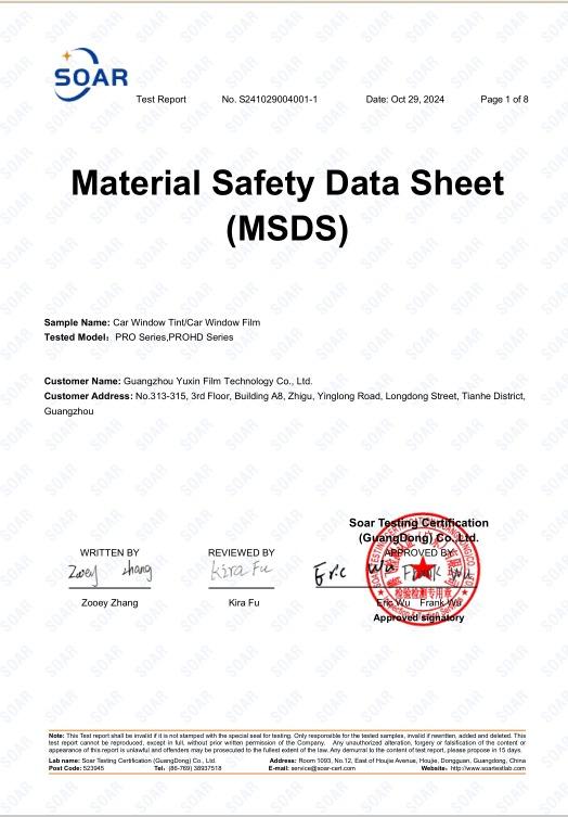 MSDS-Tinted - Guangzhou Yuxin Film Technology Co., Ltd.