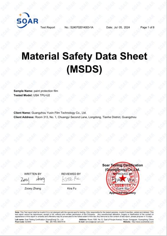 MSDS-PPF - Guangzhou Yuxin Film Technology Co., Ltd.