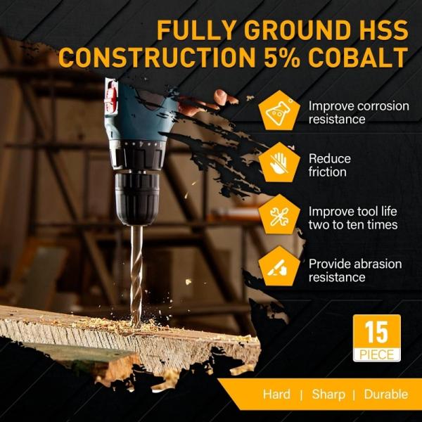 Quality M35 Cobalt Drill Bit Set Hss 15pcs Precision Drilling For Auto MRO & HVAC Use for sale