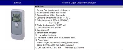 Cina Sensore Bac Tester personale 6389a2 dell'alcool a semiconduttore con un accumulatore alcalino di 2 X Aaa in vendita
