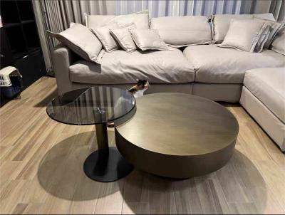 China Tempered Glass Gold Metal Round Coffee Table Contemporary Drum Shape for sale
